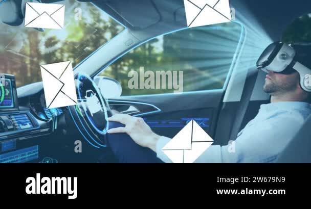 Animation of email envelope icons with man in vr headset using self driving car. communication ...