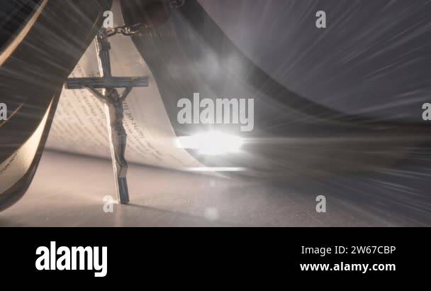 Animation of christian cross and bible with multiple glowing points on ...
