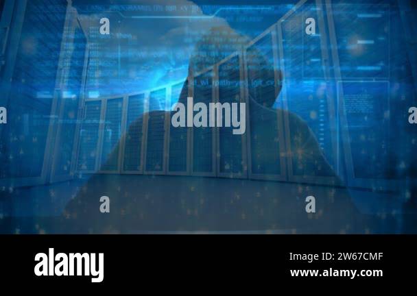 Animation of interface showing scrolling data with hooded hacker using ... Animation of interface showing scrolling data with hooded hacker using ...