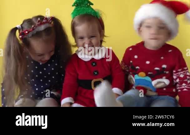 Emotion Cute Happy 3 Siblings Friend Baby Girl And Boy Wave Feet In ...