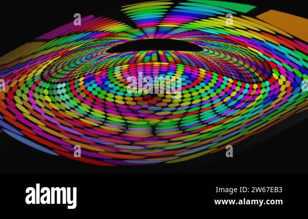 Abstract object composed of multicolored dots and spots bends in space ...