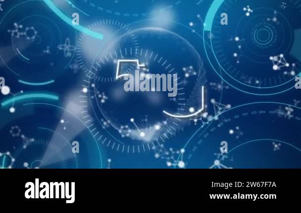 Animation of 5g text over scopes scanning on blue background. global connections, data ...