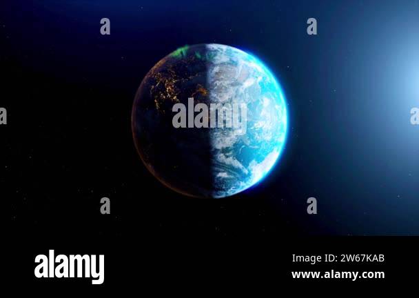 Earth from space rotation day to night skyline. The globe spinning on ...