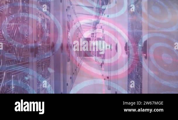 Animation of multiple red and white circles over an empty server room. digital interface global ...