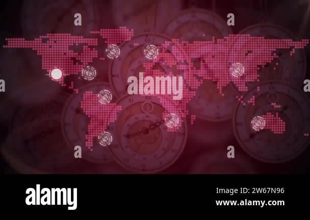 Animation of networks of connections and world map over multiple clocks moving fast. time ...