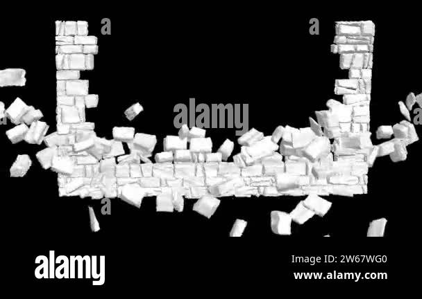 Wall explosion, destruction. 3D animation. Stonewall collapse, wall breaking exploding ...