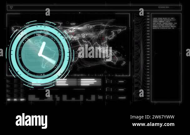 Animation of clock moving fast and data processing with world map on screen. global connections ...