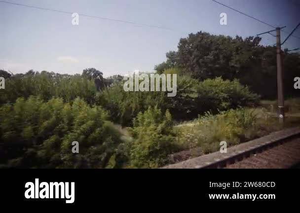 Tourist train trip. Summer landscape from the window of a speeding ...
