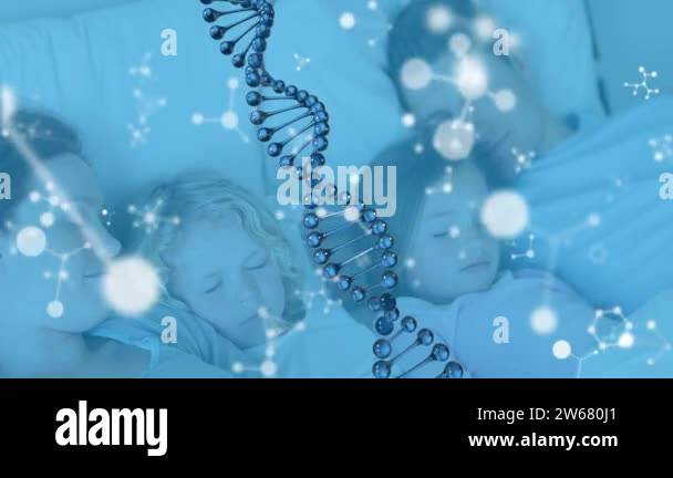 Animation of 3d dna strand spinning and molecules floating over ...