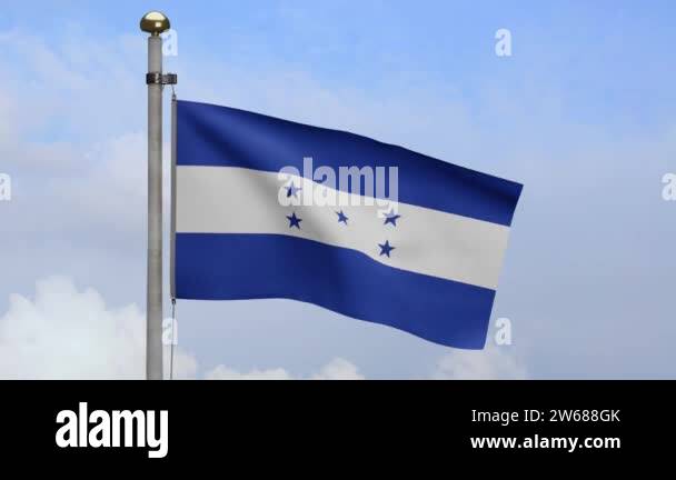 3D, Honduran flag waving on wind with blue sky and clouds. Close up of ...