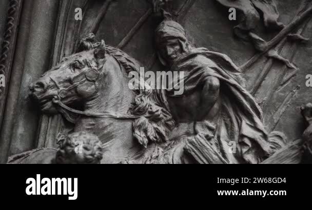 Statues of crusified Jesus and two criminal bandits filmed in close up ...