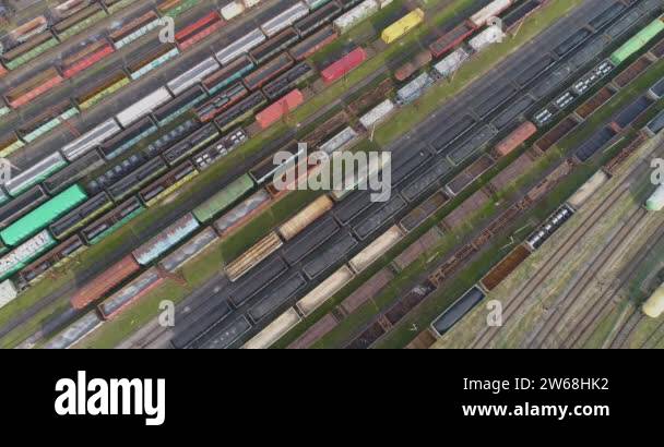Top view of freight trains at a railway junction. large railway ...