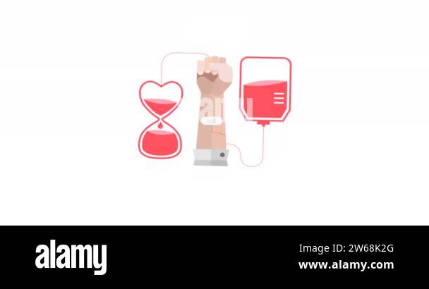 Animation of blood collection bag, hourglass and arm, blood donation ...