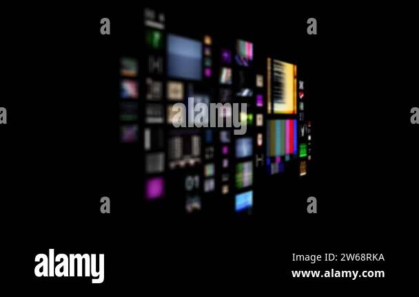 Digital animation of hd screens showing film and tv related static ...