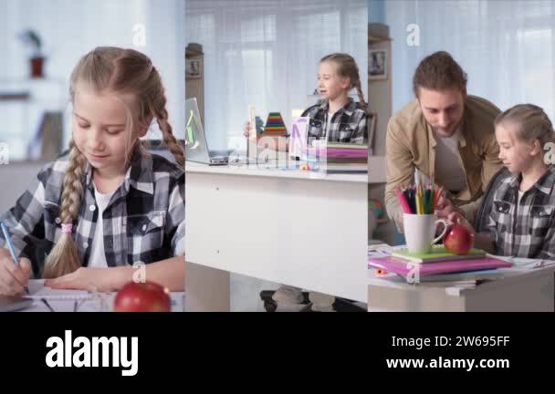 distance learning of schoolchildren, little cute girl primary school ...