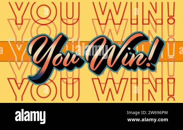 Animation of orange you win text repeating over orange stripe on yellow ...