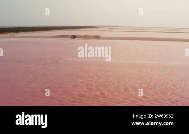 Fly over slightly rippled water surface of pink lakes. System of ponds ...