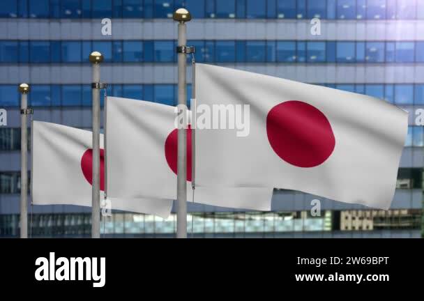 3D illustration Japanese flag waving in a modern skyscraper city ...