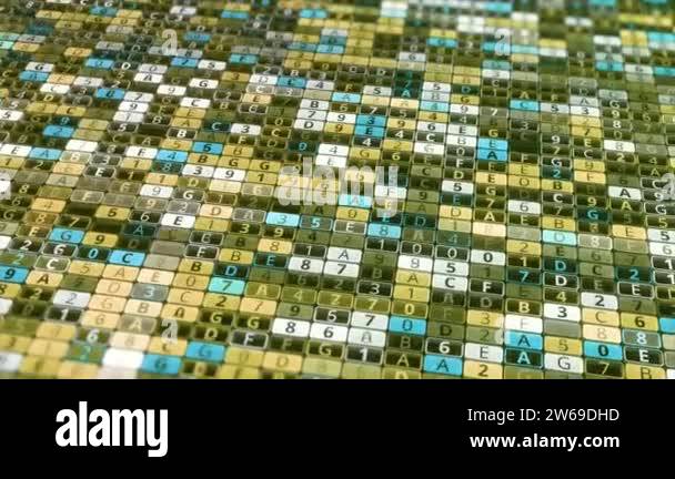 Many rows of changing random letters and numbers, seamless loop. Animation. Colorful cells with ...