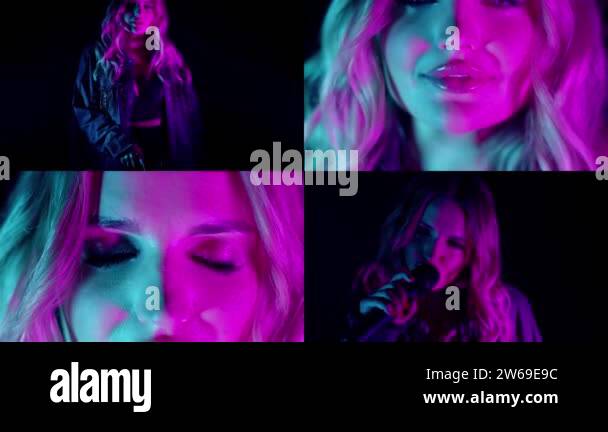 Live vocal performance of singer in darkness, vocalist cute girl in ...