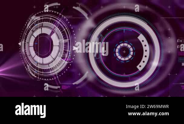 Round scanner and digital interface with data processing against purple background. computer ...