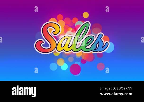 Animation of sales text in rainbow letters over multiple colourful ...