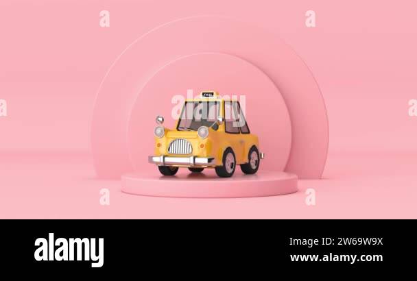 4k Resolution Video: Yellow Cartoon Taxi Car Rotating over Pink ...