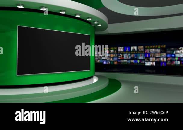 Tv studio. Green studio. Green background. News studio. Screen on wall ...