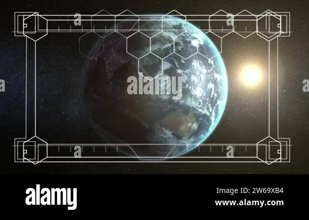 Animation of planet earth with scope scanning and network of hexagons in universe. astronomy ...