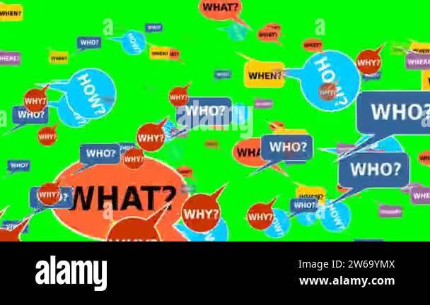 English questions flying in speech bubbles on green mat, multicolored ...