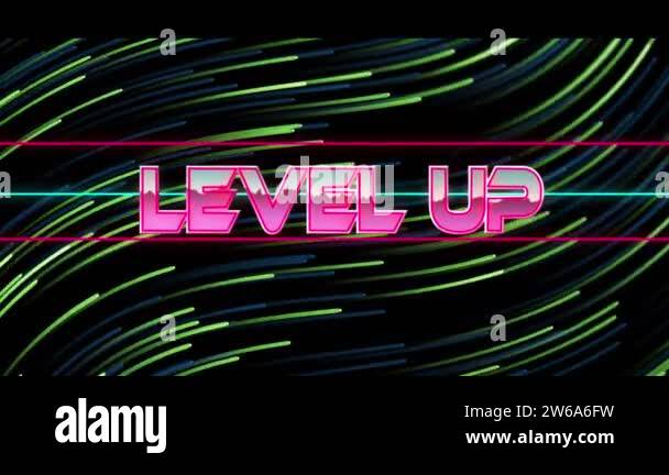 Animation of level up text over green trails on black background. video game, entertainment and ...