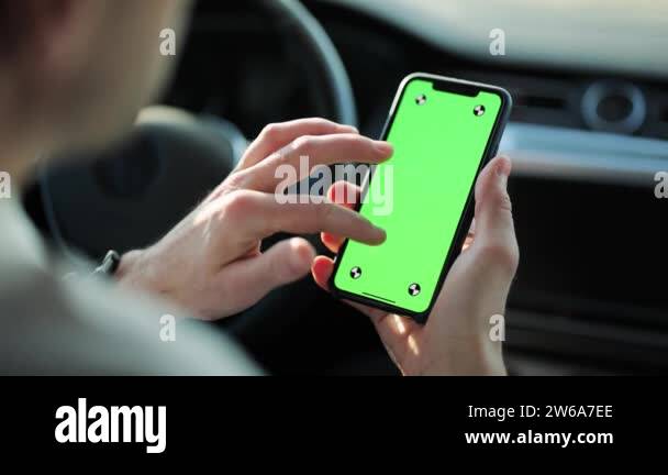 Modern Green Mock-up Screen Smartphone Person Uses it. Person Doing Gestures: Swiping, Touching ...