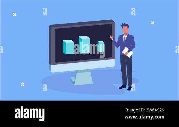 desktop device with businessman and statistics bars ecommerce technology 4k animated Stock Video ...