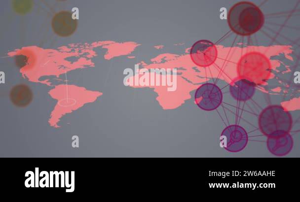 Globe of digital icons spinning against pulsating circles on world map against grey background ...