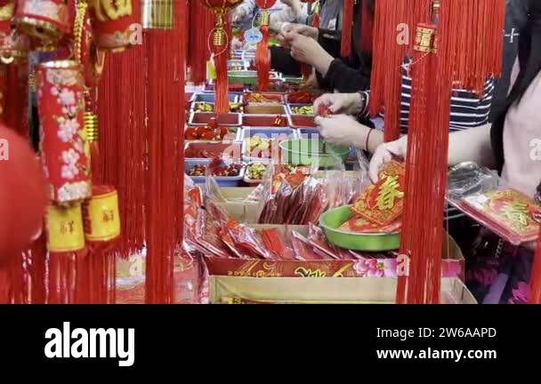 Asian people shopping traditional decorations and presents for the ...