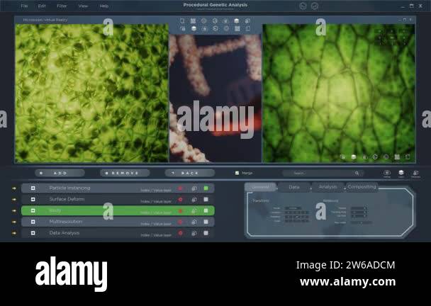 HUD user interface of microscopic biological gmo plant cell moving on ...