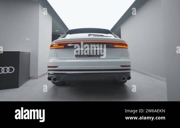Germany, Berlin - March 2021: Rear view of new car at car dealership ...