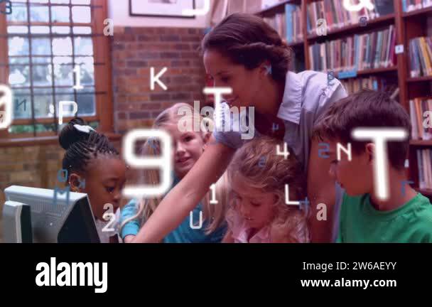 Changing numbers and alphabets floating against female teacher teaching ...