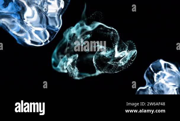 Animation of white and blue particles and liquids moving on black ...