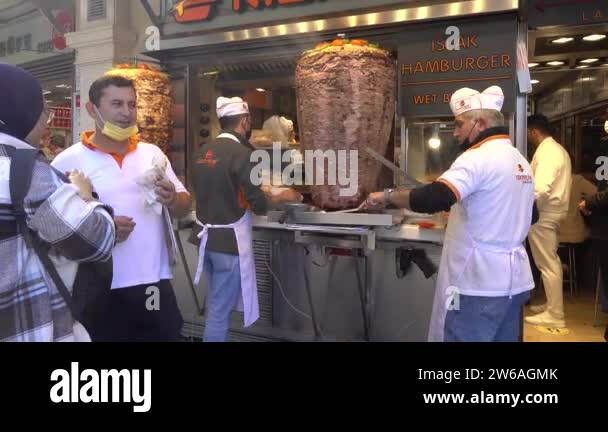 Traditional Turkish street food, chicken doner and meat doner kebab in ...