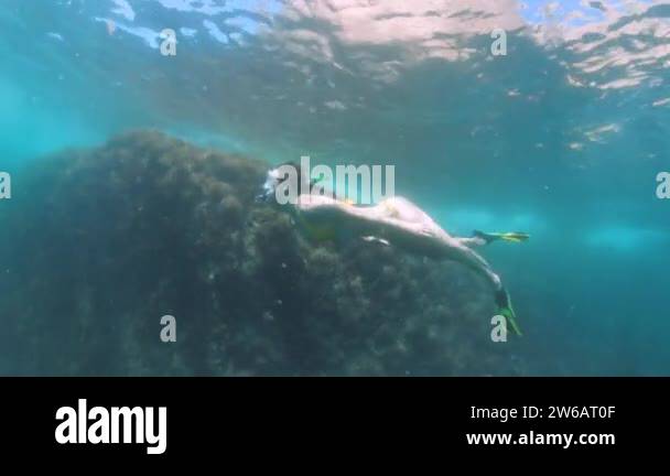 A slender young woman swims in a scuba mask and snorkel underwater in a ...