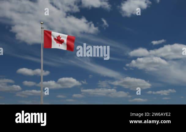 3D illustration Canadian flag waving in wind with blue sky. Canada ...