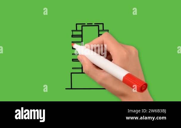 drawing an big building art with color combination on green background ...