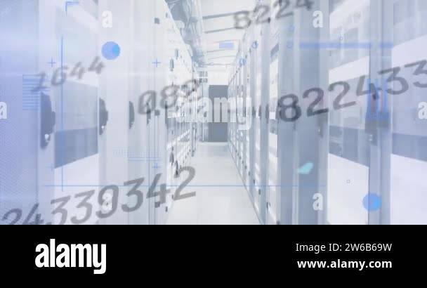 Digital composite video of multiple changing numbers against empty server room. cyber security ...