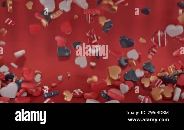 Bright background of falling colorful hearts. Animation. 3d hearts fall ...