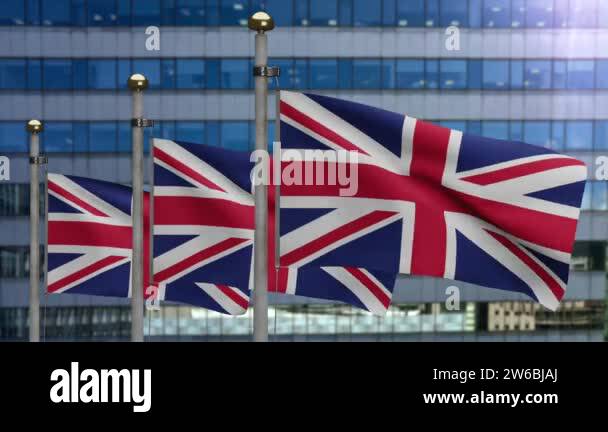 3D illustration United Kingdom flag waving in modern skyscraper city ...