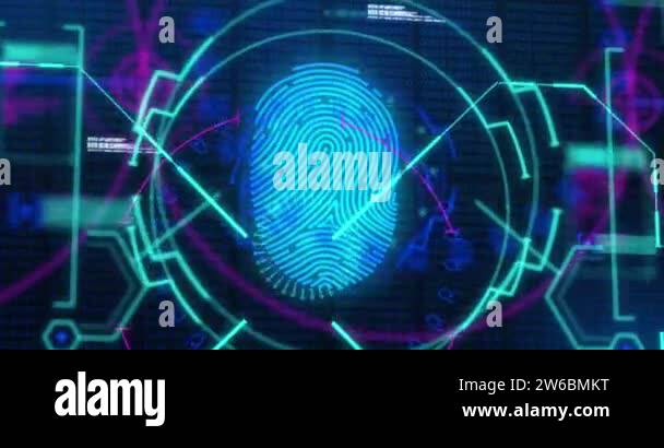 Animation of red biometric fingerprint with scope scanning and data processing. Digital ...
