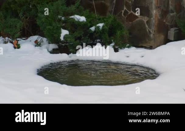 Spring. The snow melts and drips from the roof into a round puddle in ...