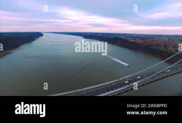 George Washington Bridge (2016) Aerial Flyover With Speed Boat Stock ...