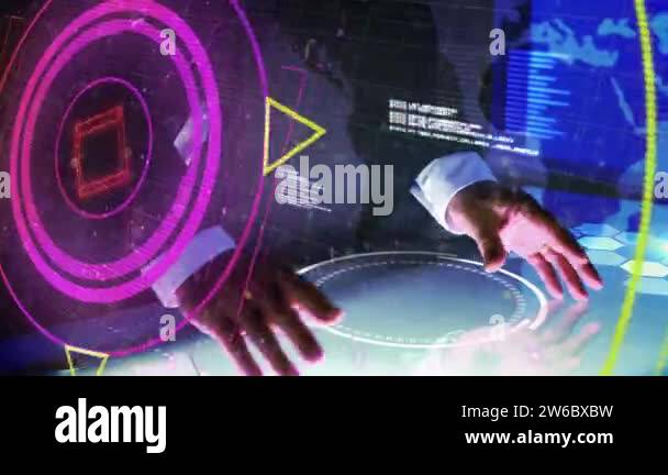 Animation of scope scanning and data processing over man using interactive screen in background ...